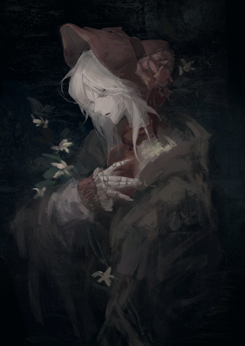 Safebooru - 1girl ascot blonde hair bloodborne bonnet brown cloak cloak flower hat hat flower ...