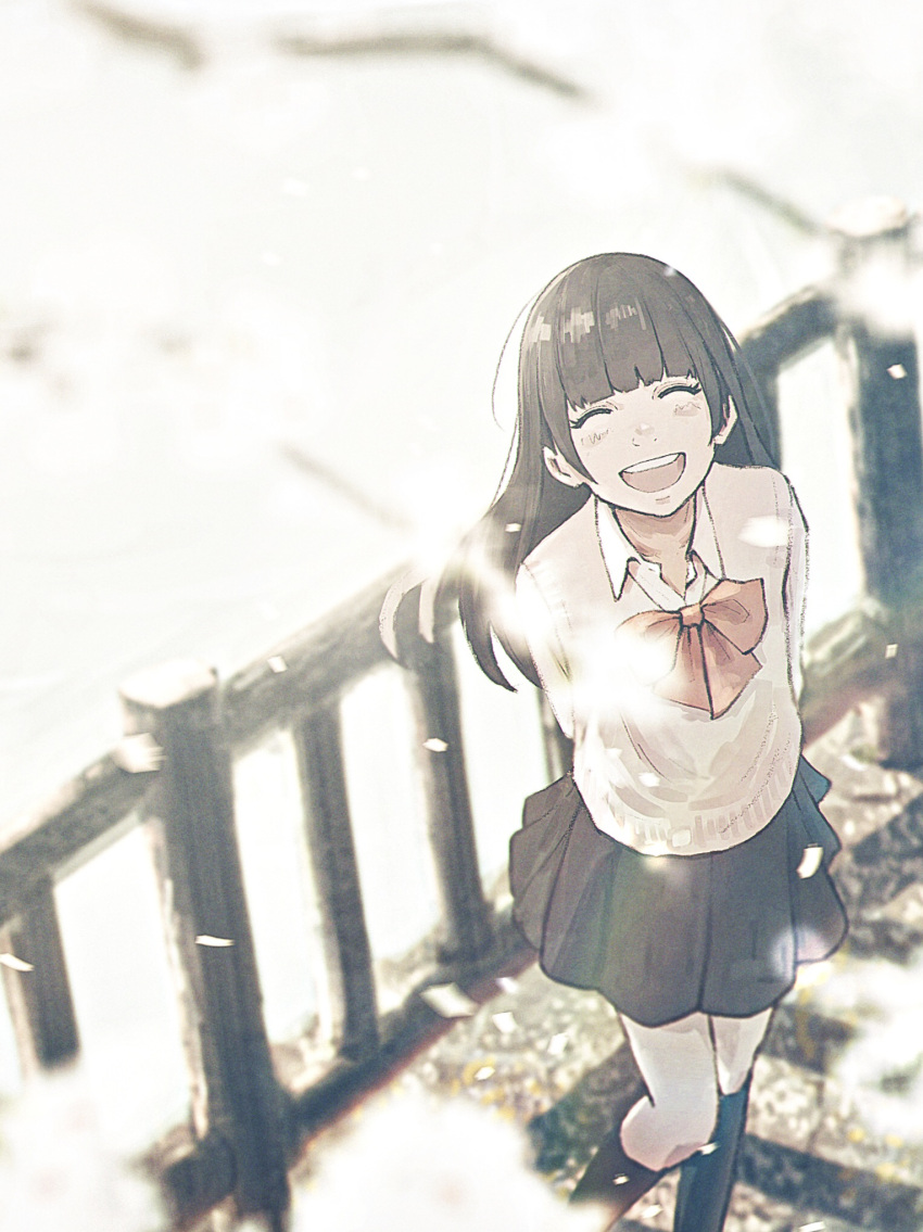 Safebooru - 1girl :d arms behind back black skirt black socks blunt bangs blush bow bowtie brown ...
