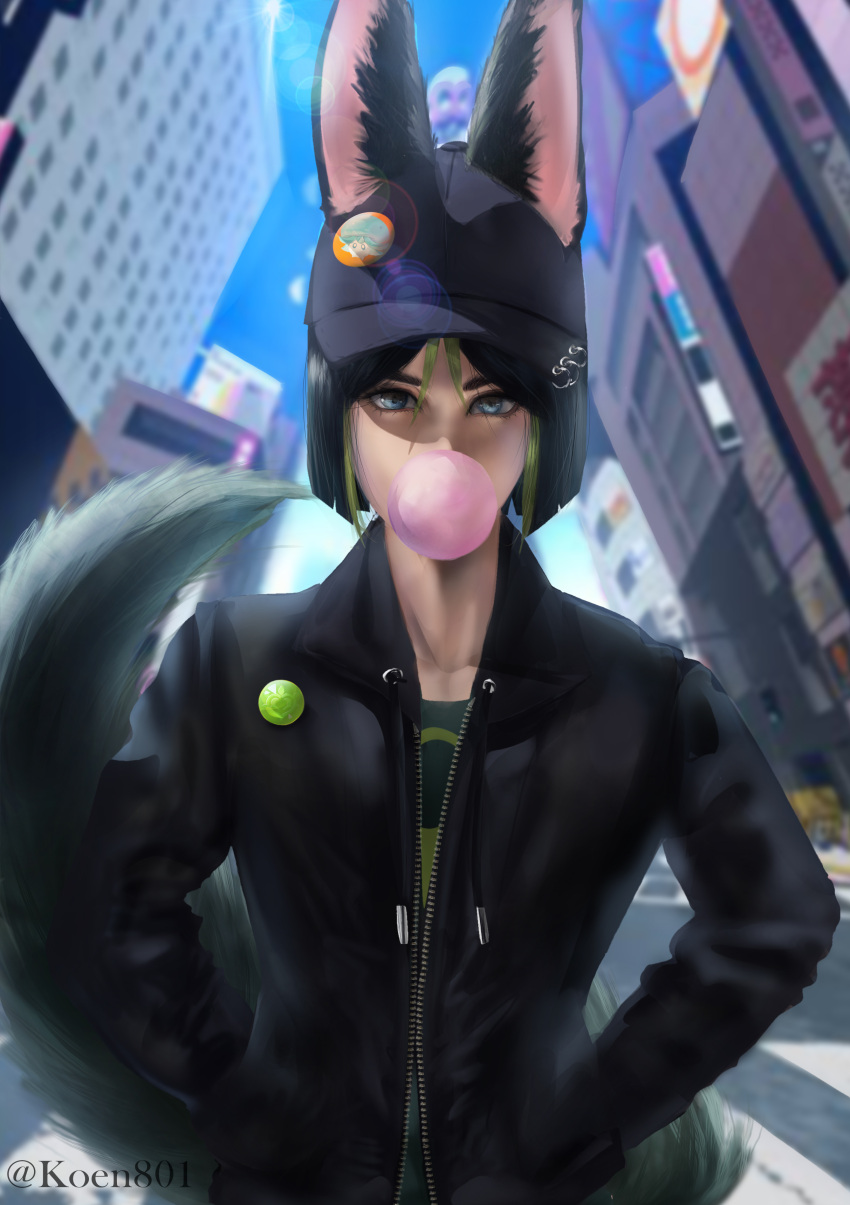Safebooru - absurdres animal ears baseball cap black hair blue eyes chewing gum genshin impact ...