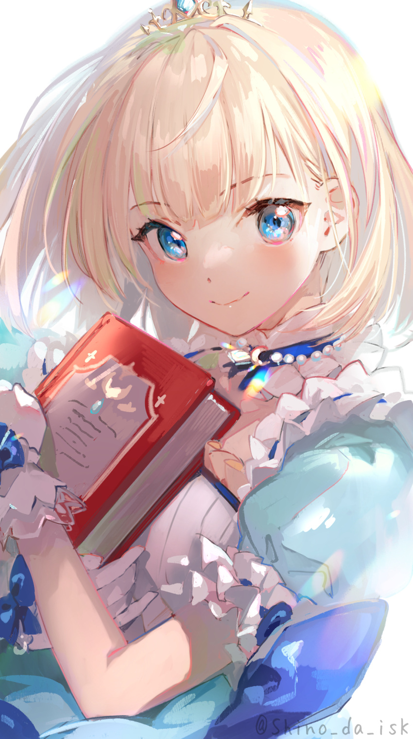 Safebooru - 1girl blonde hair blue dress blue eyes blush book crown dress frills highres jewelry ...