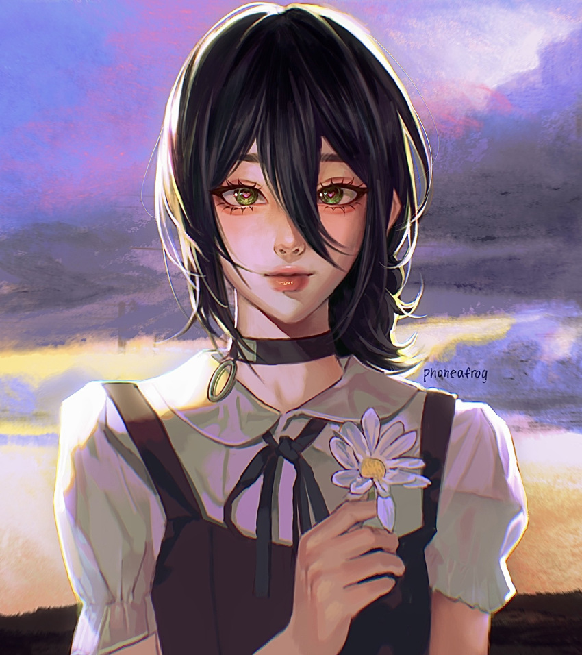 Safebooru - 1girl artist name black choker black hair chainsaw man choker daisy dress flower ...