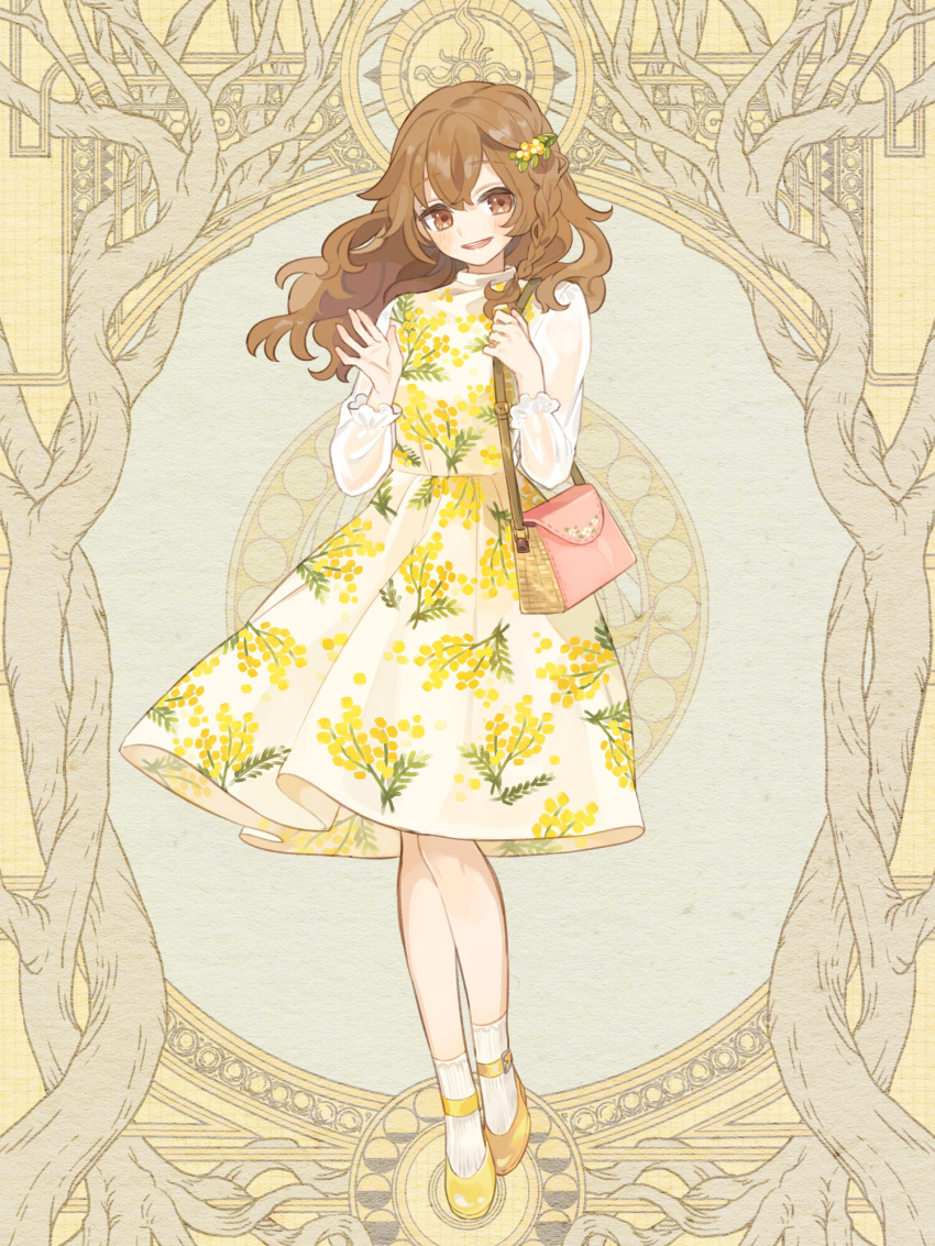 Safebooru - 1girl bag braid brown eyes brown hair dairoku ryouhei dress floral print flower full ...