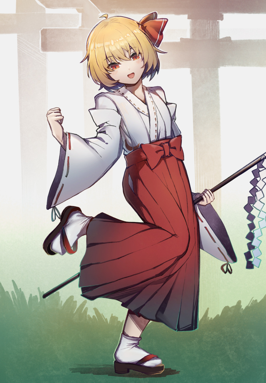 Safebooru - 1girl blonde hair blush full body gohei hair ribbon hakama ...