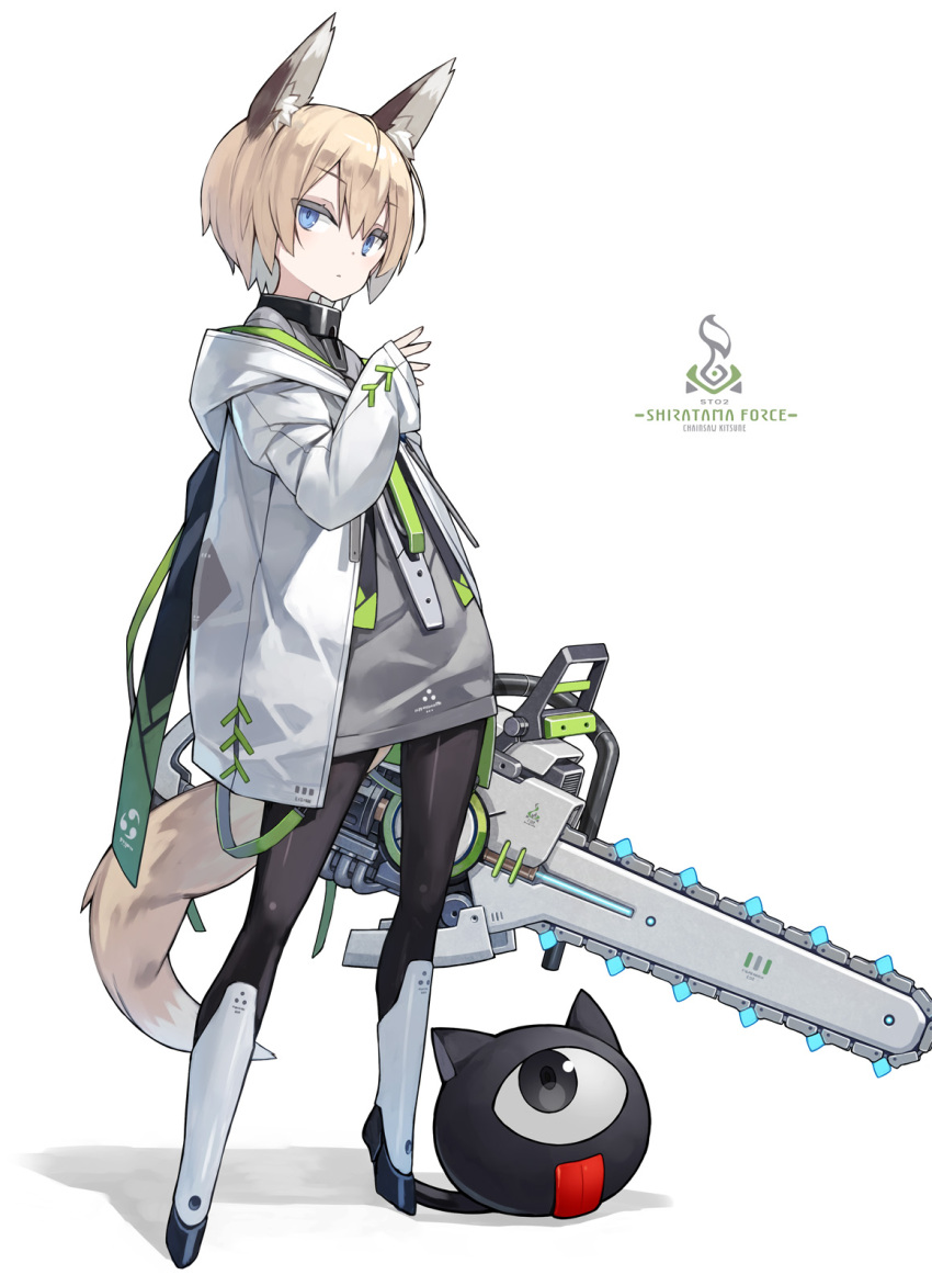Safebooru - 1girl animal ears black pantyhose blonde hair blue eyes chainsaw fox ears fox tail ...