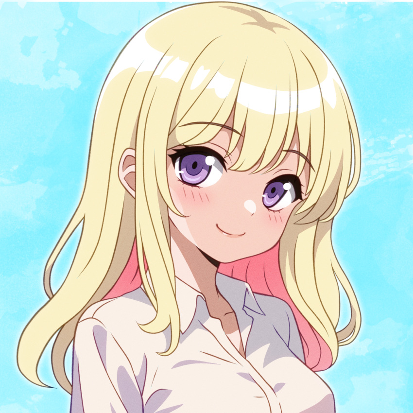 Safebooru - 1girl blonde hair blue background blush closed mouth collared shirt colored inner ...