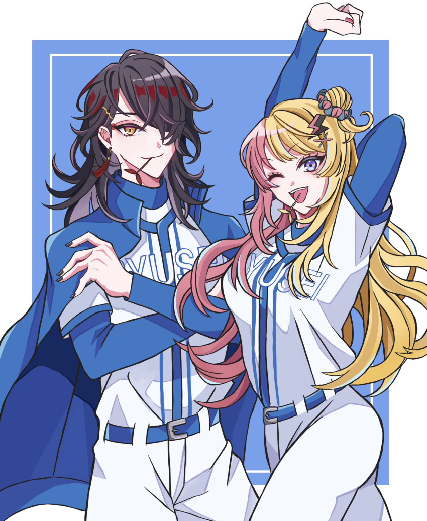 Safebooru - 1boy 1girl baseball uniform belt black hair blonde hair blue belt blue jacket hair ...