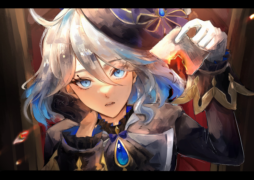 Safebooru - 1girl absurdres black gloves black headwear black jacket blue eyes blue hair burning ...