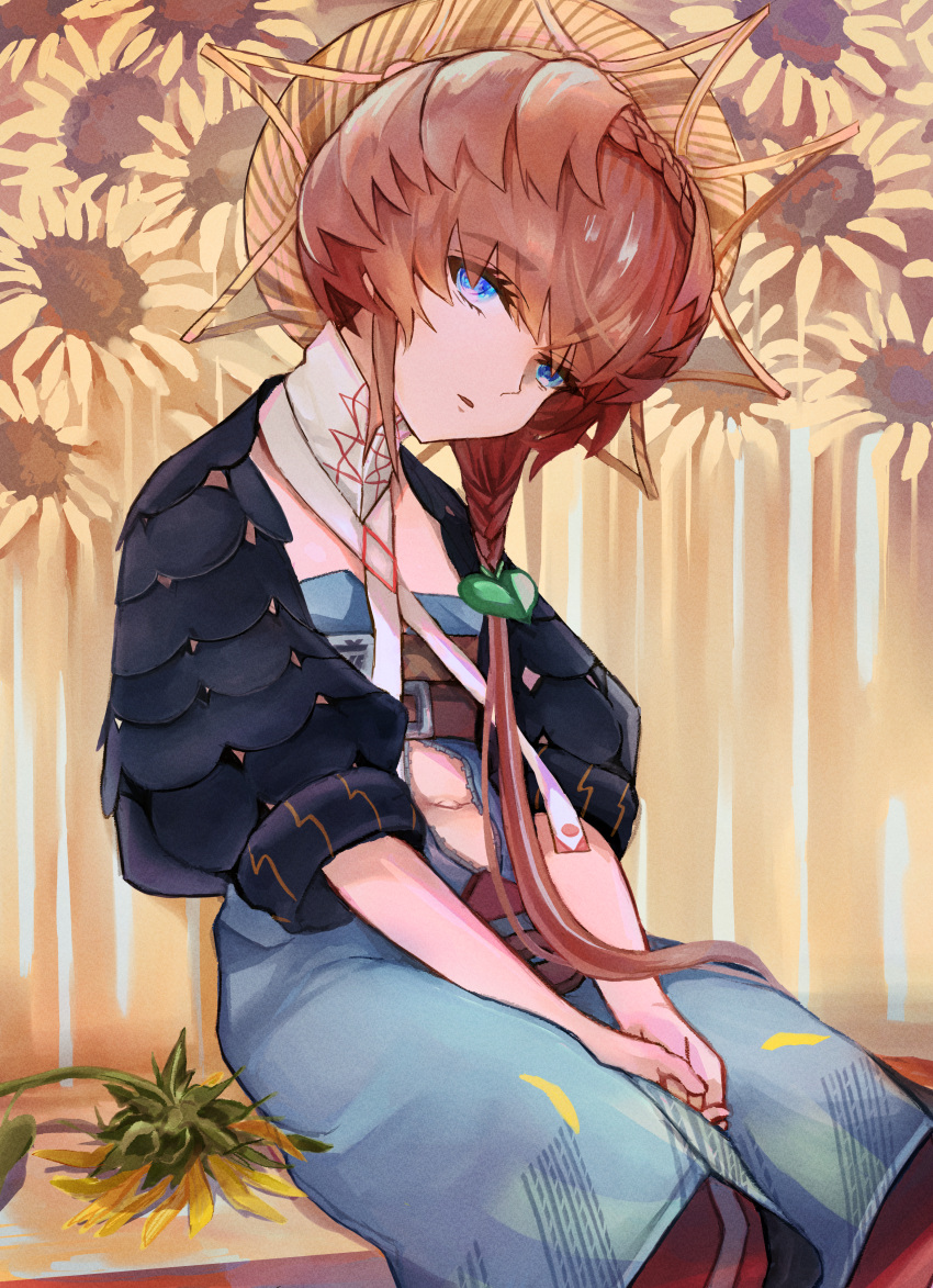 Safebooru - 1girl absurdres belt black sleeves blue eyes blue overalls braid brown hair clothing ...