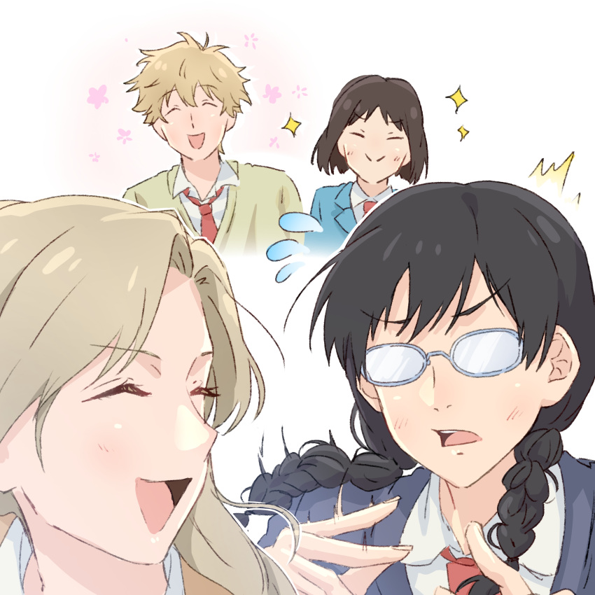 Safebooru - 1boy 3girls :d absurdres blonde hair braid closed eyes fukaminagisa glasses highres ...