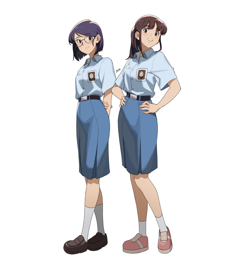 Safebooru - 2girls absurdres artist name belt brown footwear brown hair full body glasses hands ...