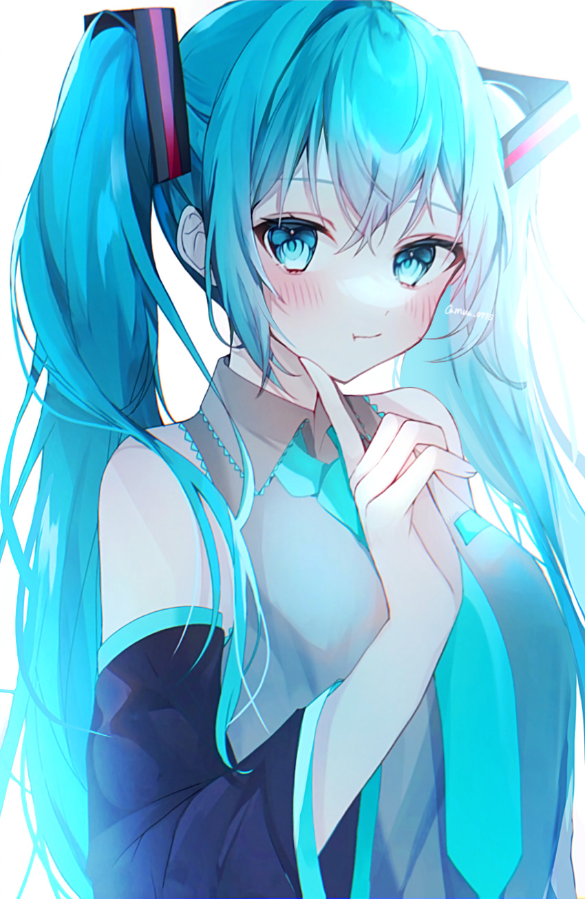 Safebooru - 1girl absurdres aqua eyes aqua hair aqua necktie bare shoulders black sleeves blush ...