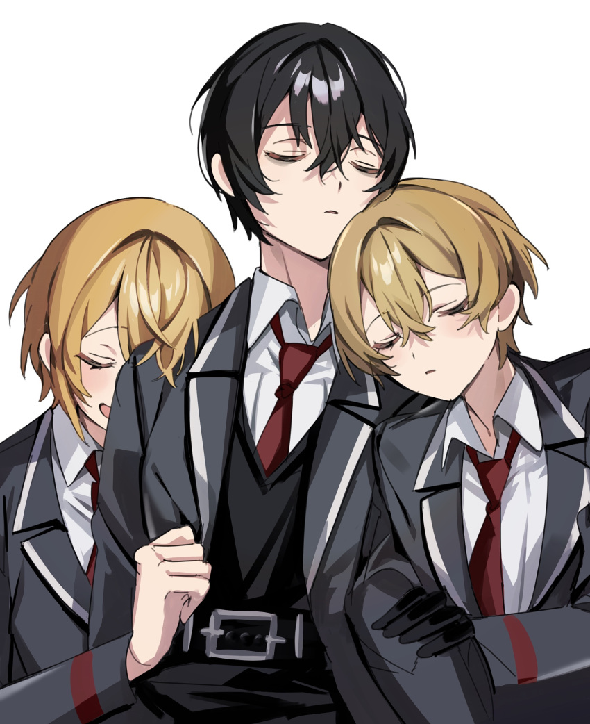 Safebooru - 1girl 2boys belt black belt black coat black gloves black hair black vest blonde ...