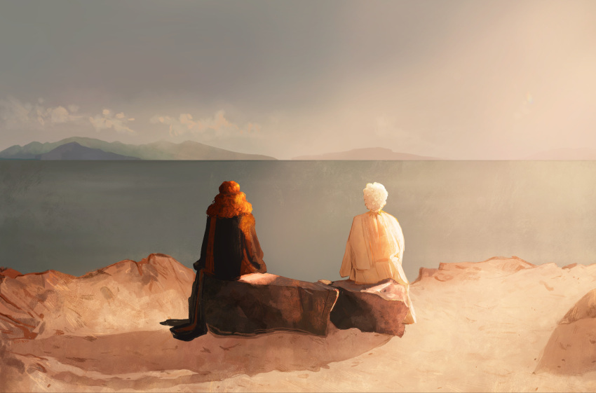 Safebooru - 2boys angel aziraphale (good omens) beach black robe ...
