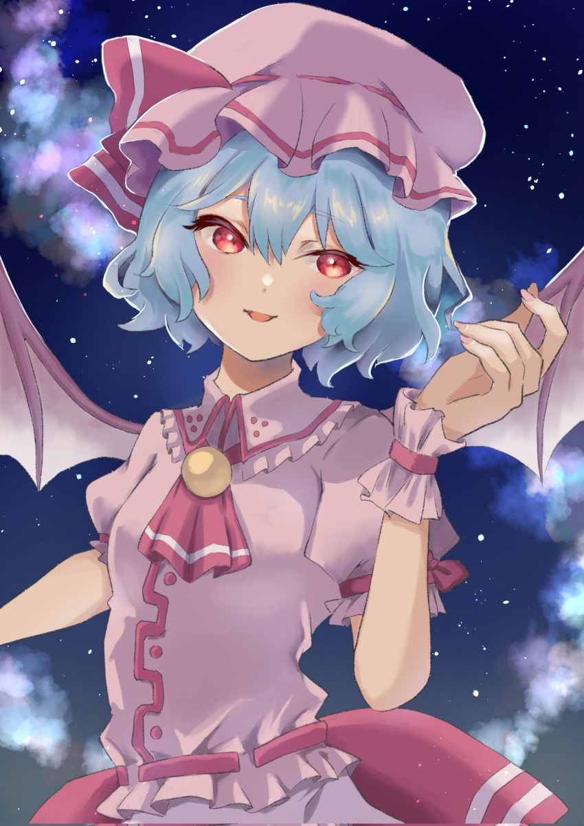 Safebooru - 1girl :d ascot bat wings blue hair collared shirt commentary request hat highres ...