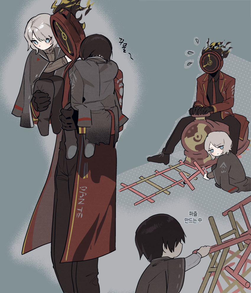 Safebooru - 1boy 1girl 1other aged down black pants black shirt brown sweater carrying carrying ...