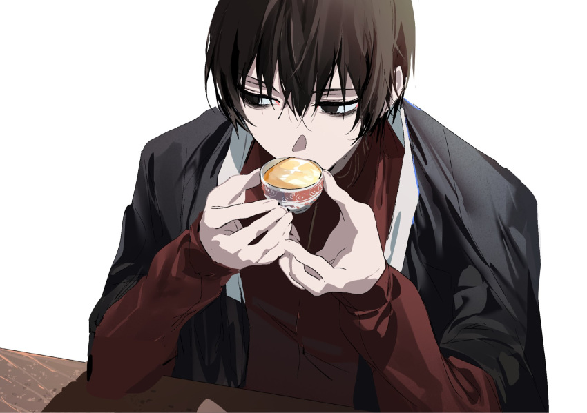 Safebooru - 1boy black coat black eyes black hair closed mouth coat coat on shoulders cup ...