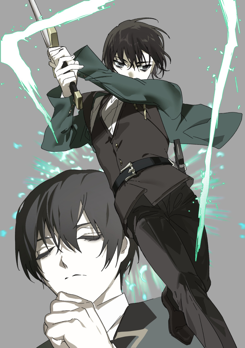 Safebooru - 1boy belt black belt black eyes black hair black pants brown vest closed eyes closed ...