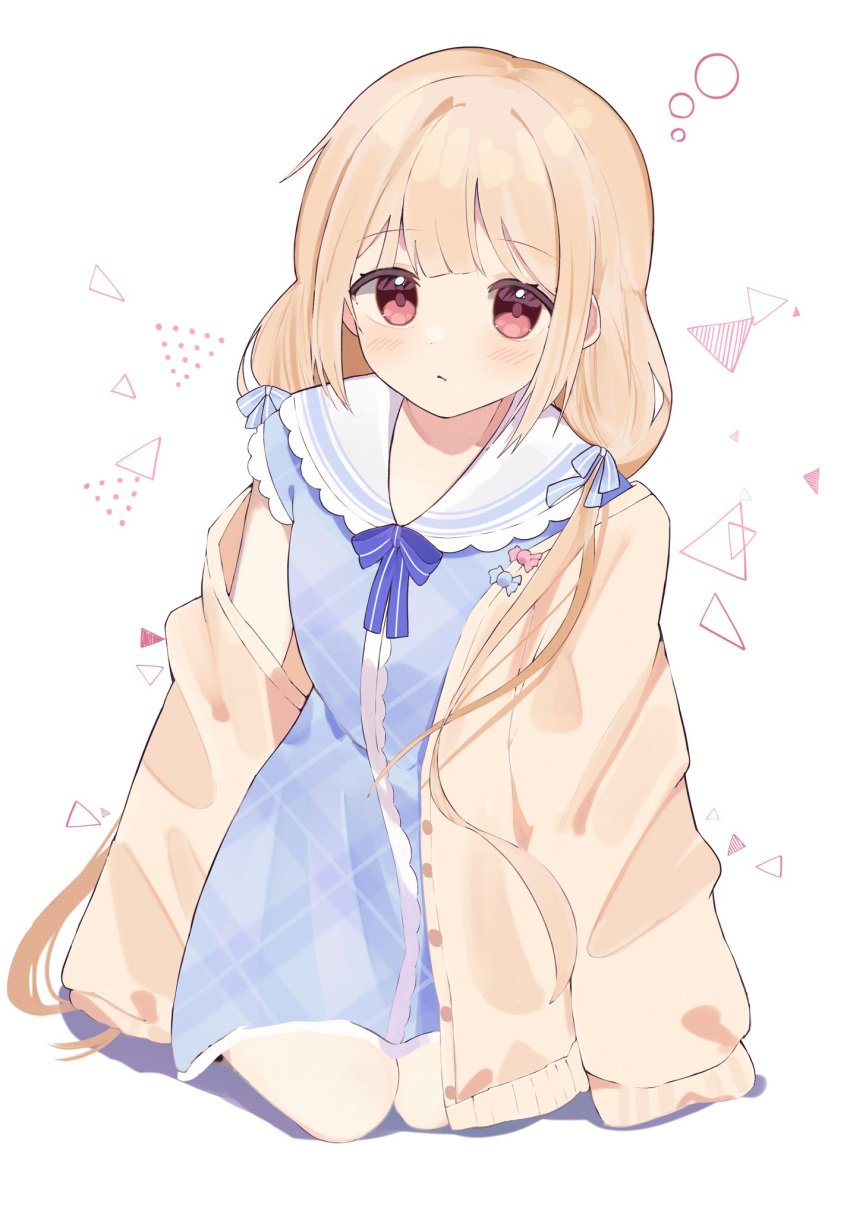 Safebooru - 1girl blonde hair blue dress blush cardigan dress futaba anzu hair ribbon highres ...
