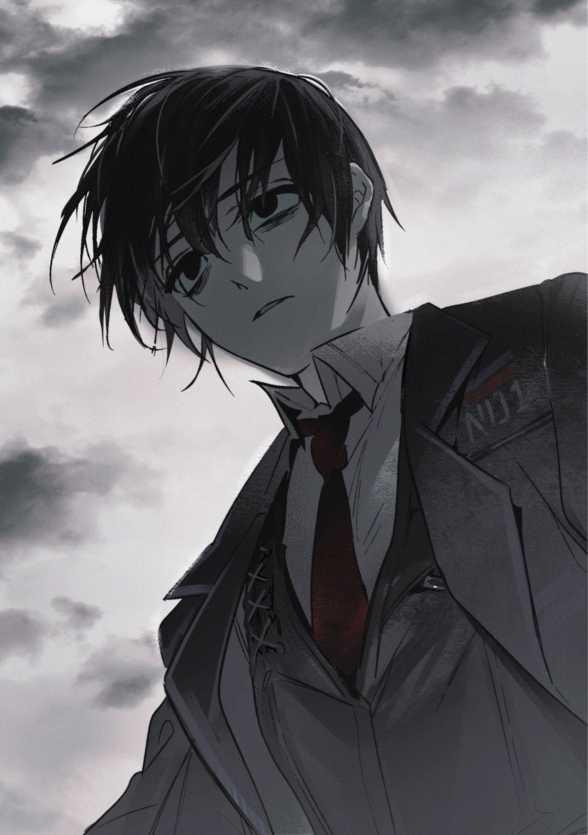 Safebooru - 1boy black coat black eyes black hair black vest clouds cloudy sky coat collared ...