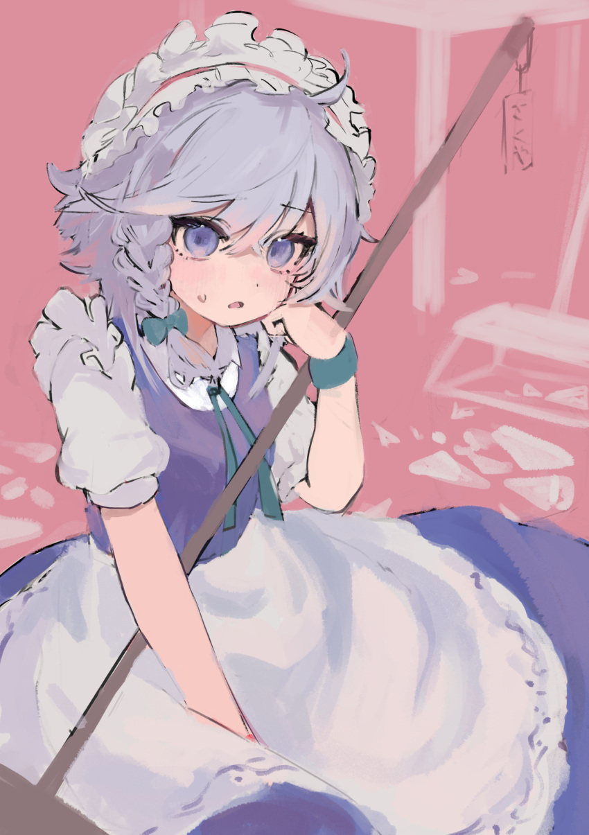 Safebooru - 1girl ahoge ameshi (rzuw4482) apron blue eyes blush braid broom dress eyelashes grey ...