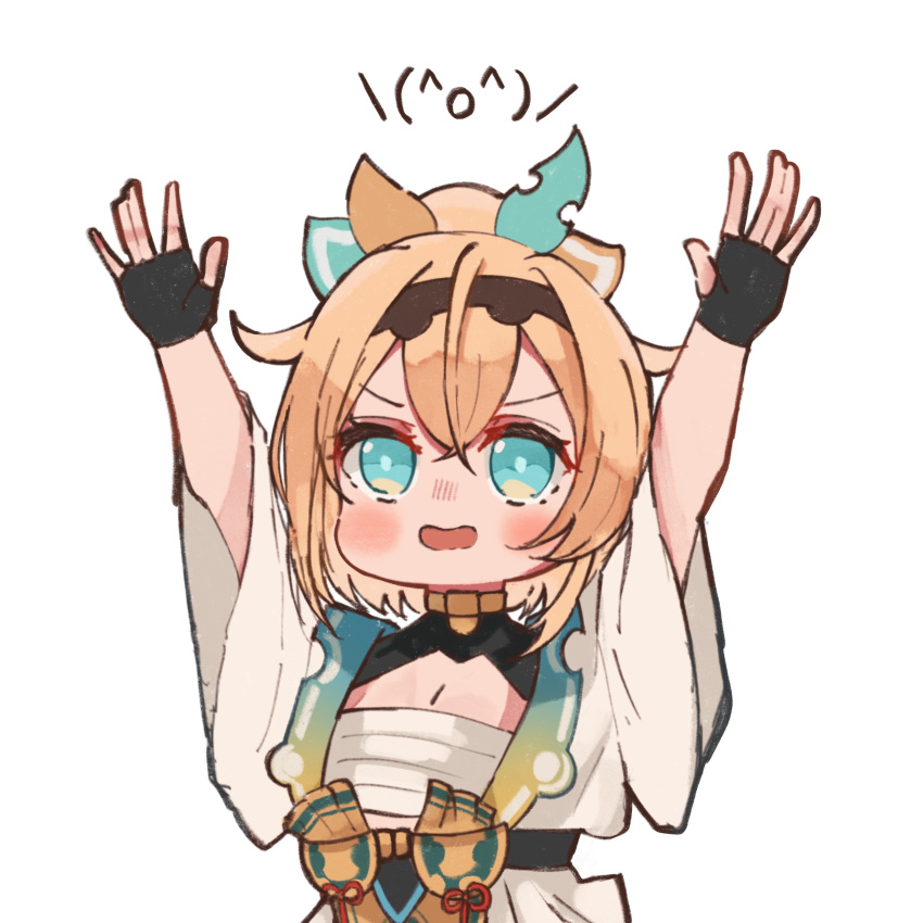 Safebooru - 1girl absurdres aqua eyes arms up black gloves blonde hair chest sarashi chibi ...