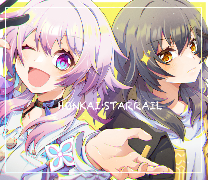 Safebooru - 2girls ;d black choker black gloves black jacket blue eyes blush breast pocket ...