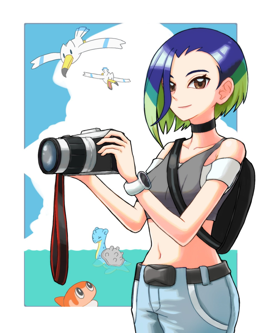 Safebooru - 1girl azuma 416 bare shoulders bird black choker blue hair bob cut breasts brown ...