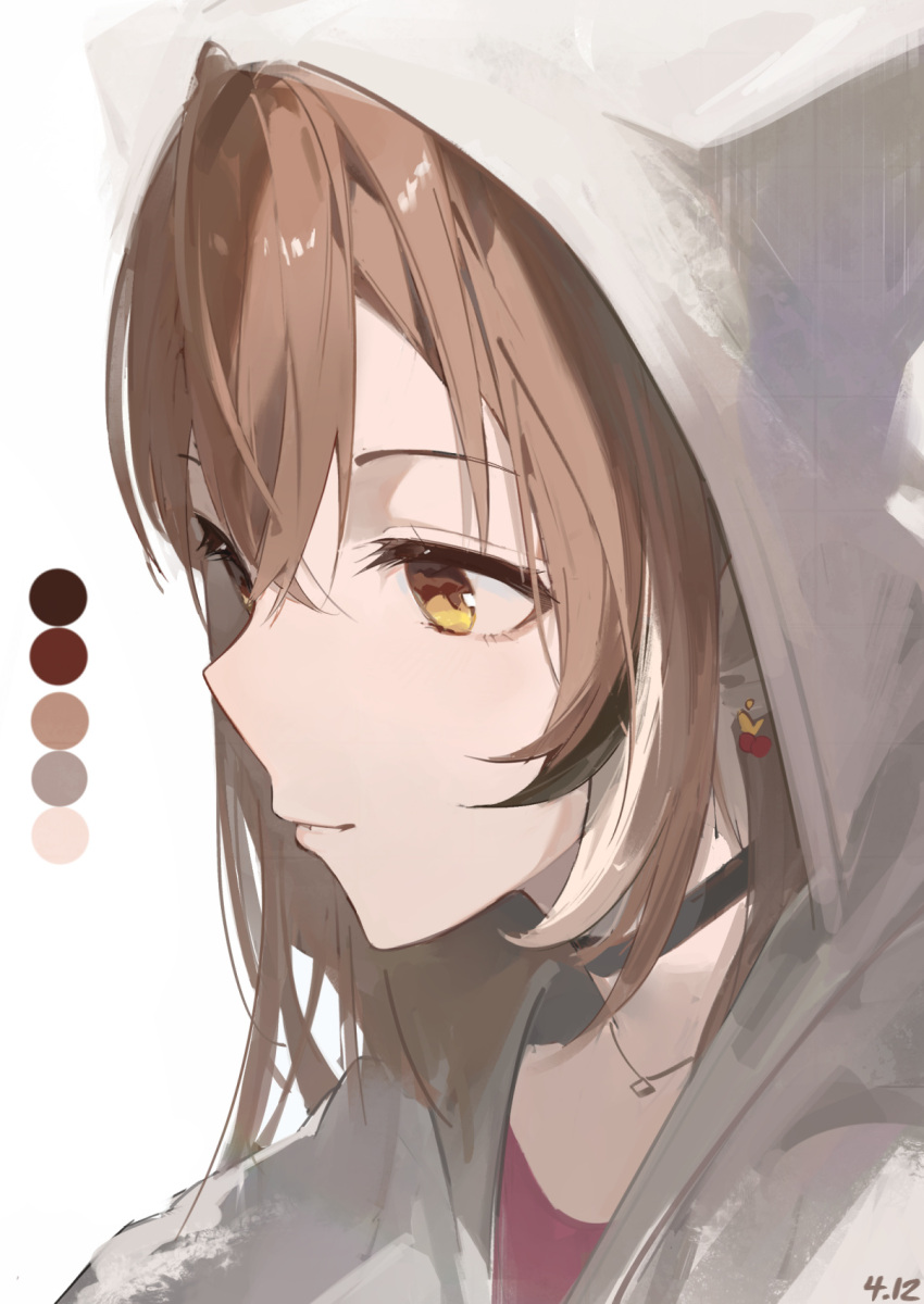 Safebooru - 1girl ahoge animal hood berry black choker brown eyes brown hair brown hoodie choker ...
