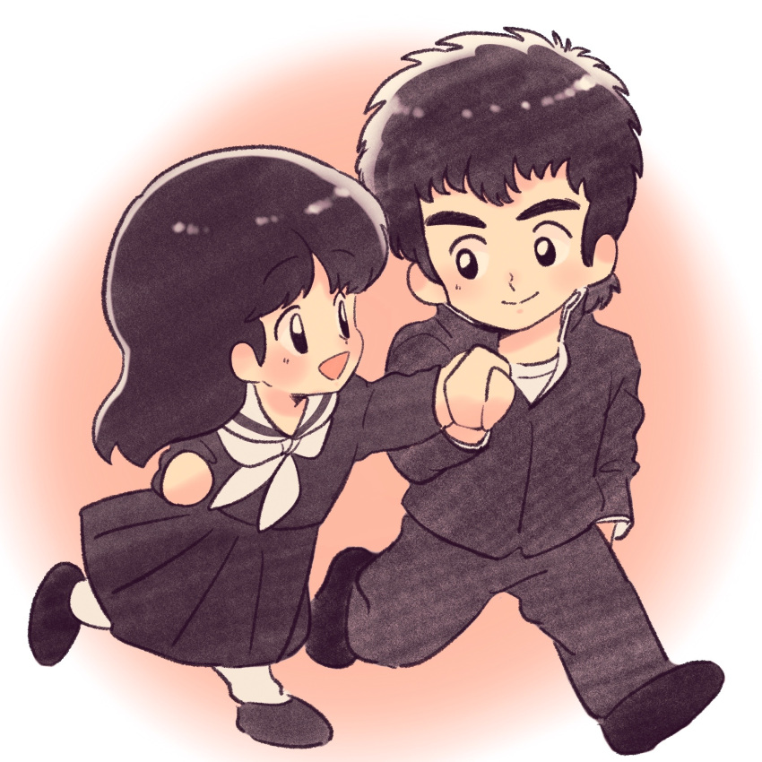 Safebooru - 1boy 1girl black eyes black footwear black serafuku chibi gakuran hetero highres ...
