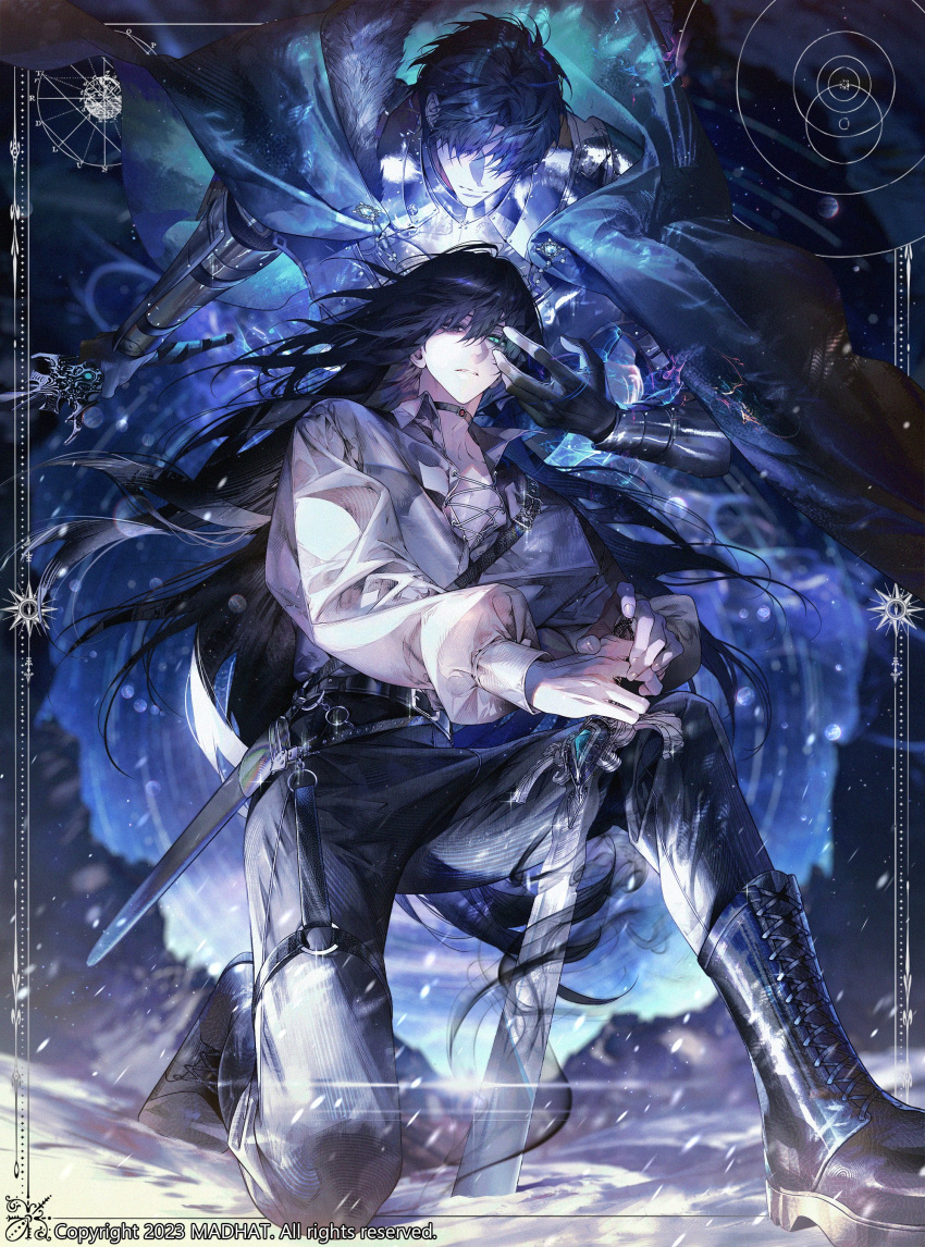 Safebooru - 2boys absurdres armor belt black belt black eyes black footwear black gloves black ...