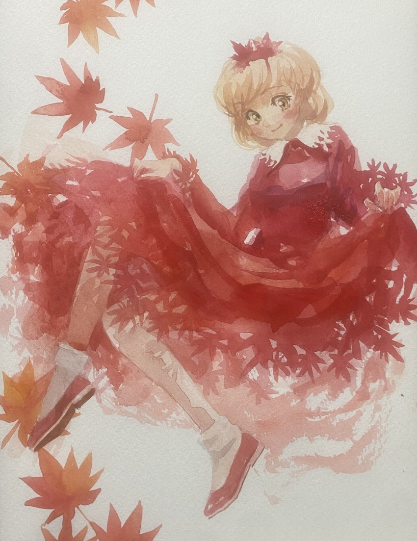 Safebooru - 1girl aki shizuha autumn leaves blonde hair closed mouth commentary request dress ...