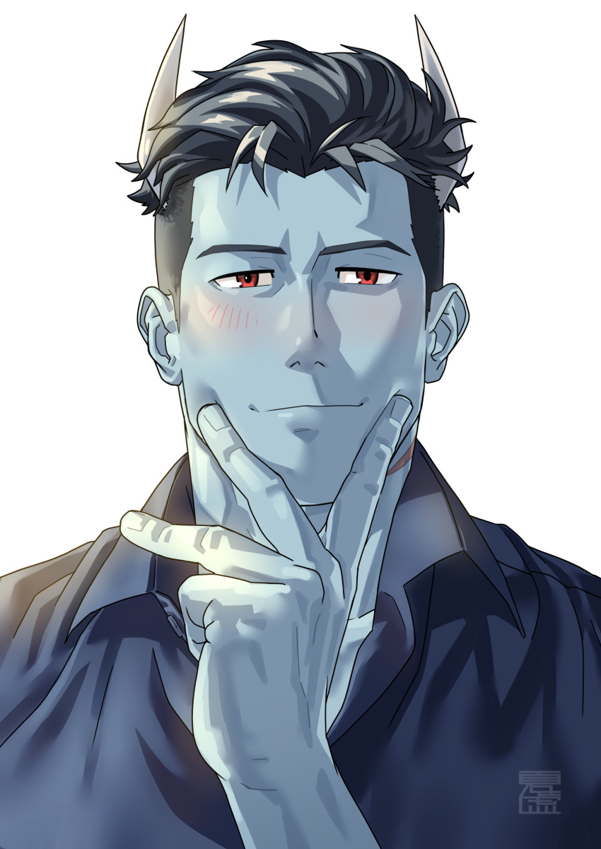 Safebooru - 1boy artist name black hair black shirt blue skin blush closed mouth collared shirt ...