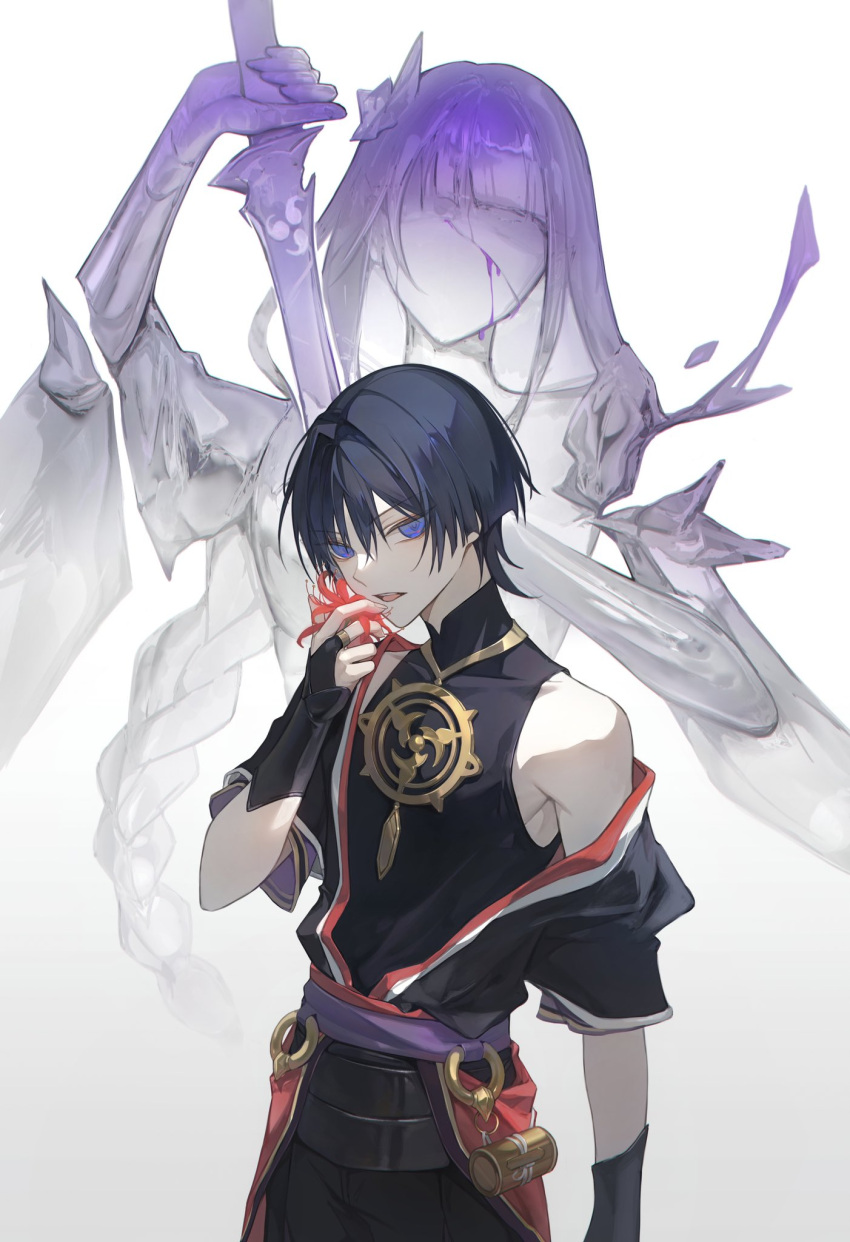 Safebooru - 1boy bishounen black hair cowboy shot flower genshin impact ...