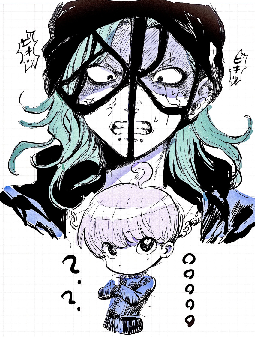 Safebooru - 2boys ? ?? ahoge anger vein angry aphex logan beanie blue ...