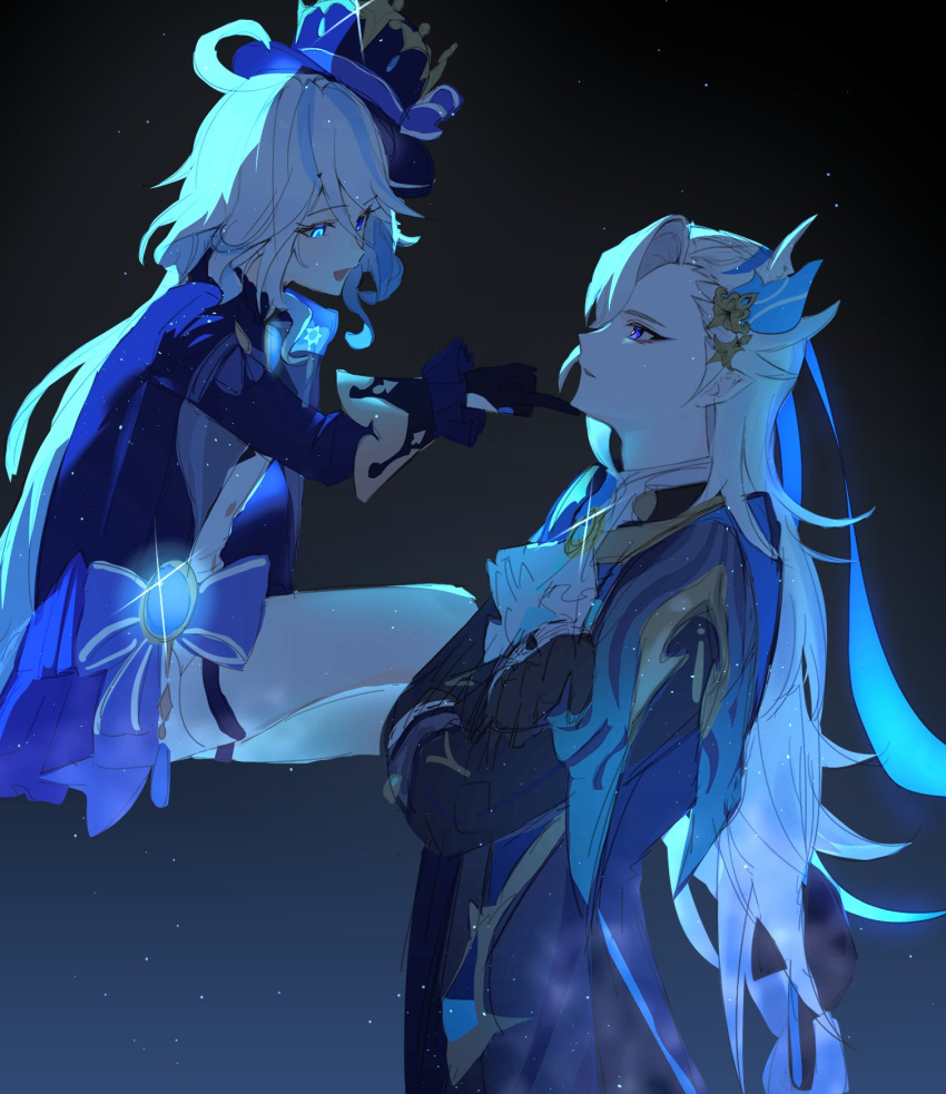 Safebooru - 1boy 1girl ascot black background blue coat blue eyeliner blue eyes blue gemstone ...