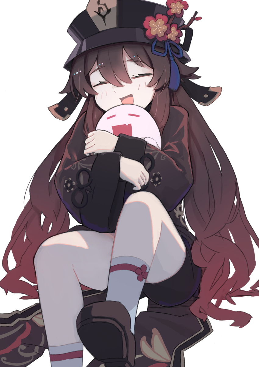 Safebooru - 1girl :d absurdres black coat black headwear black shorts boo tao (genshin impact ...