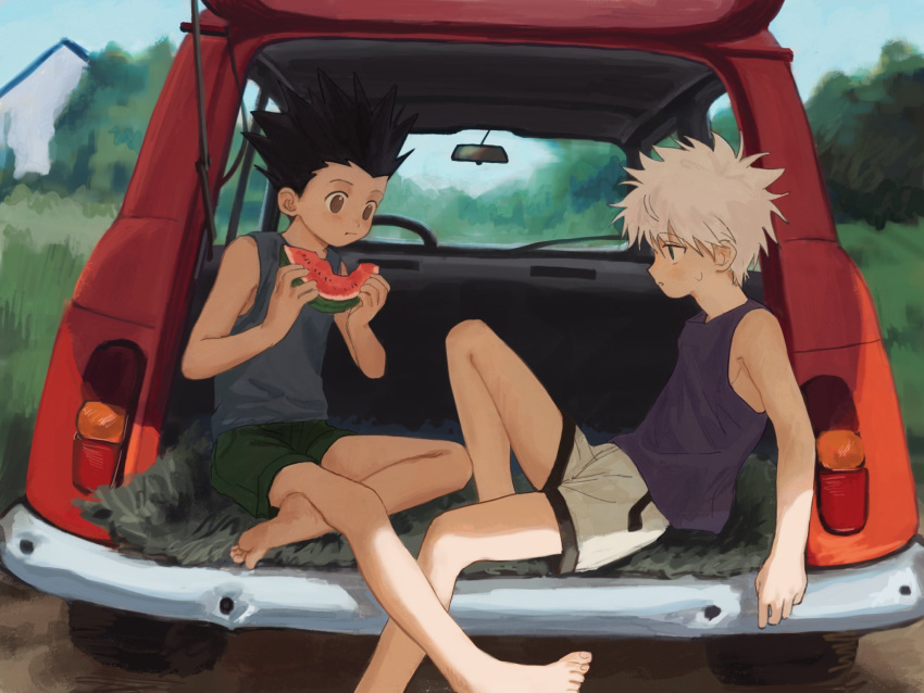 Safebooru - 2boys barefoot black hair child commentary day eating feet ...