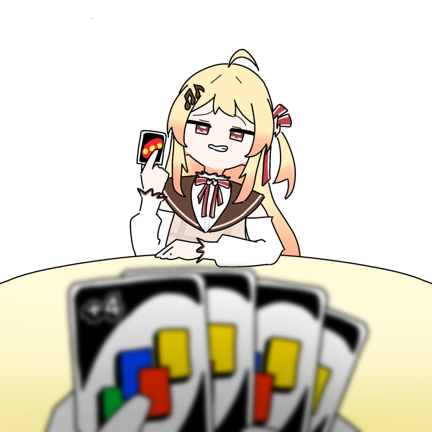 Safebooru - 1girl ahoge blonde hair blurry blurry foreground card hair ...