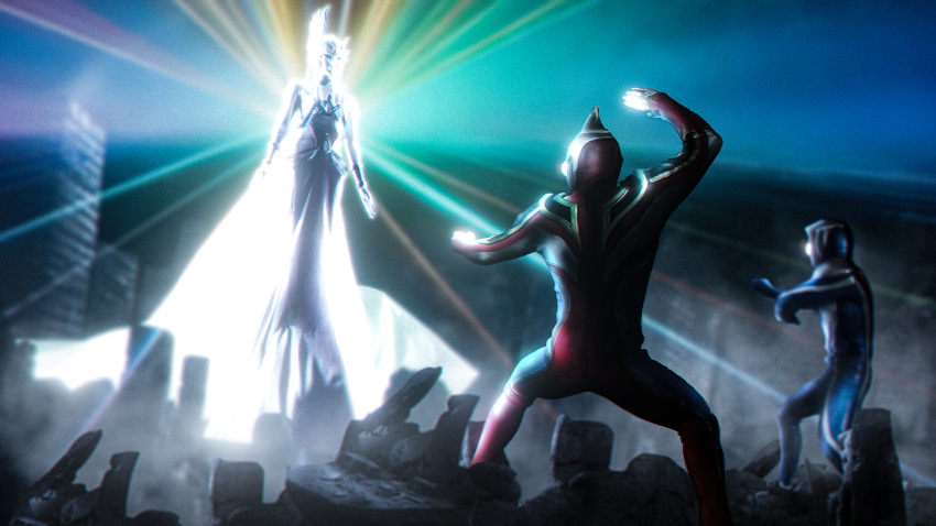 Safebooru - 1girl 2boys absurdres alien arm up armor battle black eyes ...