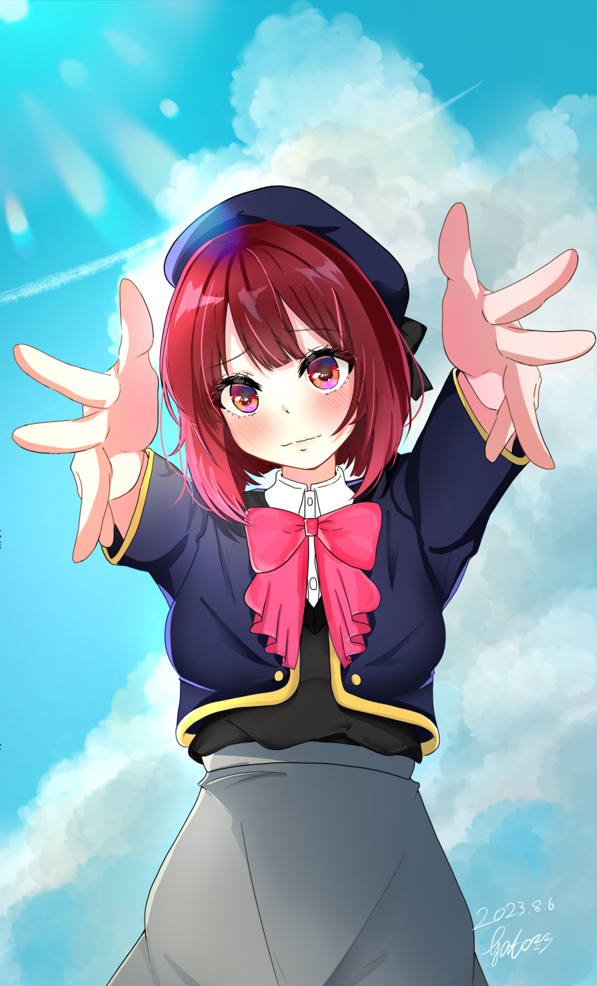 Safebooru - 1girl absurdres arima kana beret black sweater vest blue headwear blue sky blue vest ...