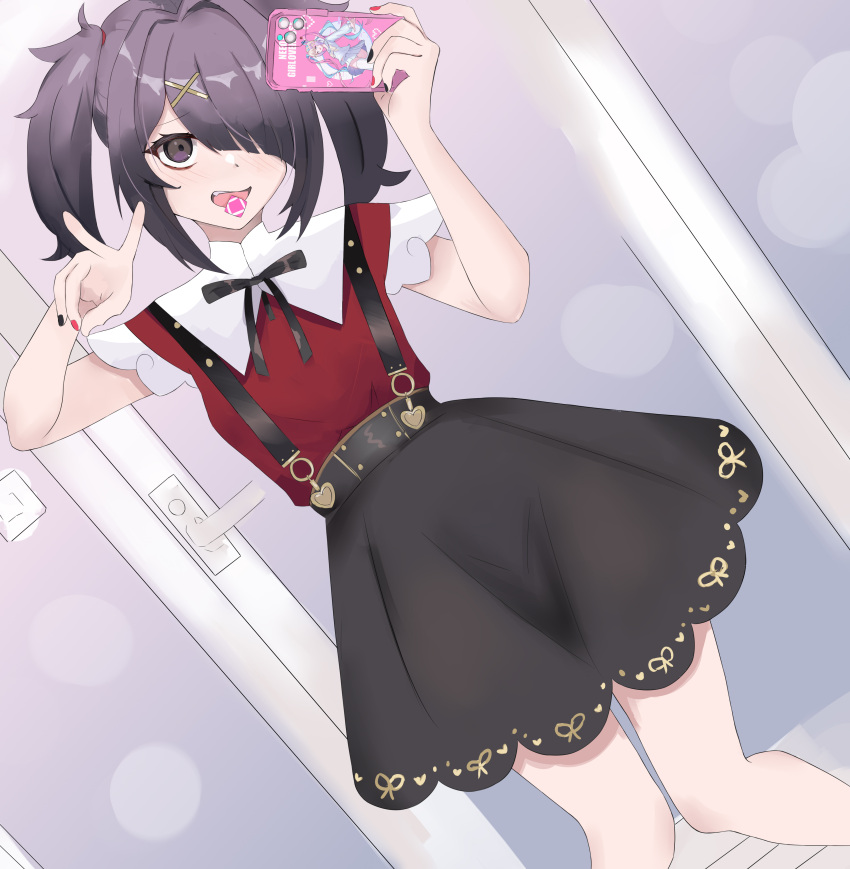 Safebooru - 1girl absurdres ame-chan (needy girl overdose) black hair blush bow bowtie cellphone ...