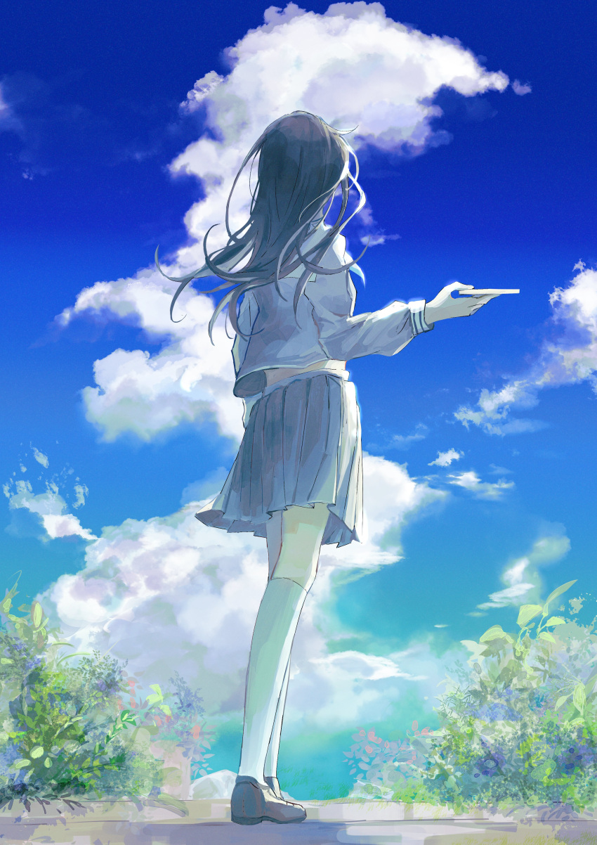 Safebooru - 1girl absurdres black hair blue sky brown footwear cellphone clouds commentary full ...