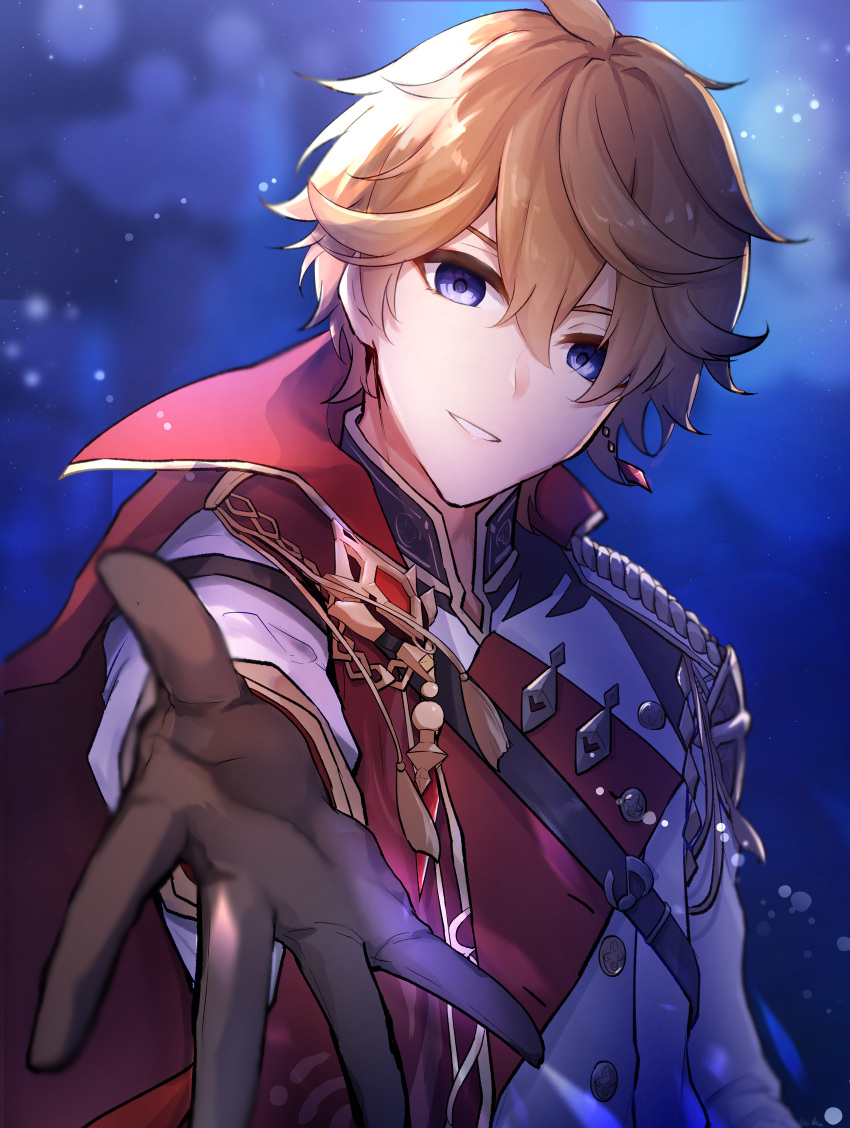 Safebooru - 1boy absurdres ahoge arm up blue background blue eyes brown gloves buttons cape ...