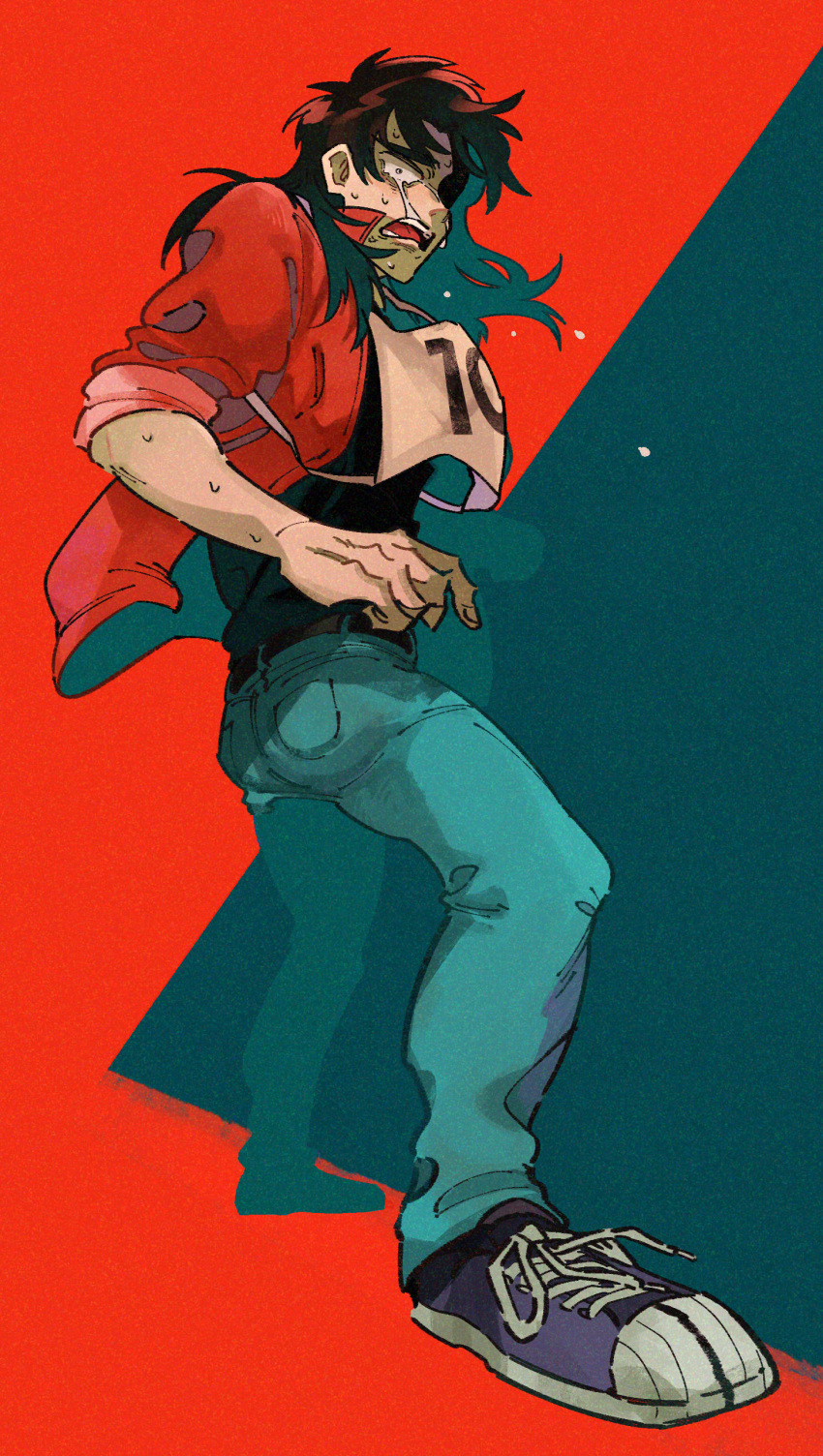 Safebooru - 1boy absurdres black eyes black hair black shirt blue pants brown jacket commentary ...