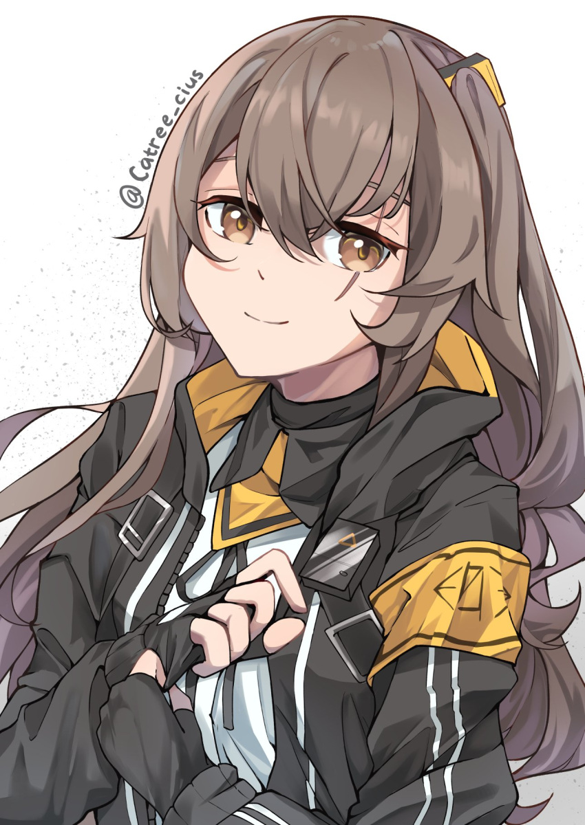 Safebooru - 1girl adjusting clothes armband artist name black gloves black jacket brown eyes ...