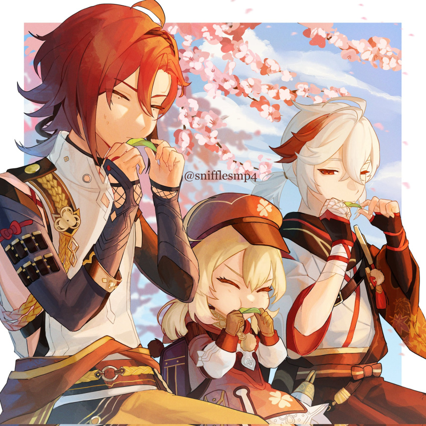 Safebooru - 1girl 2boys ahoge aiguillette armor artist name asymmetrical sleeves backpack bag ...