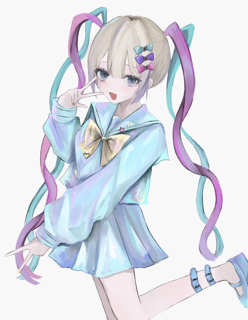 Safebooru - 1girl :d absurdres blonde hair blue bow blue eyes blue footwear blue hair blue nails ...