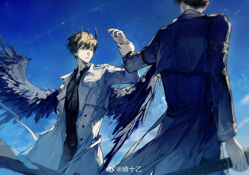 Safebooru - 2boys black hair black jacket black wings cowboy shot ...