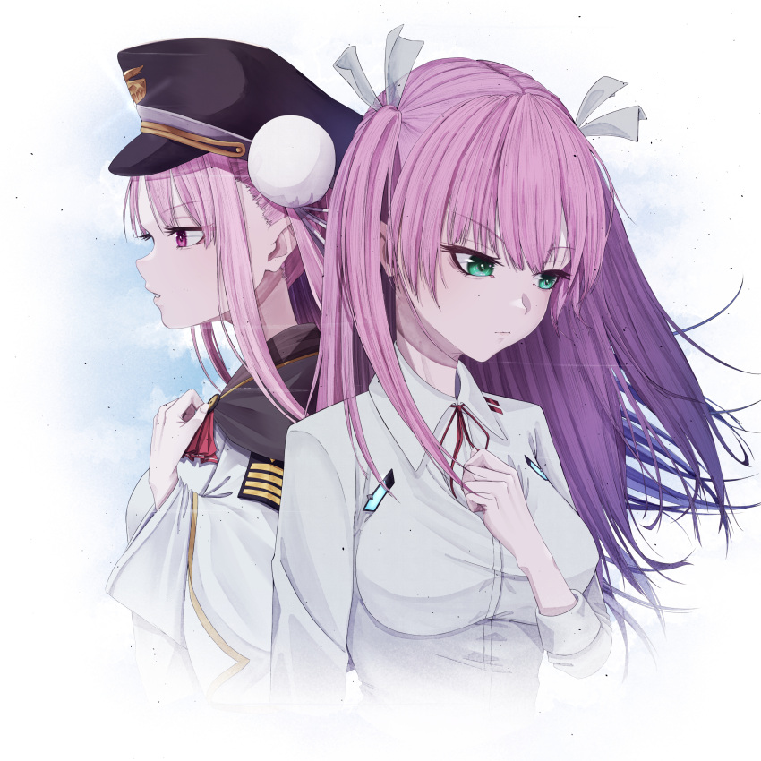 Safebooru - 2girls absurdres aikawa megumi black headwear breasts cape green eyes hair bun hat ...