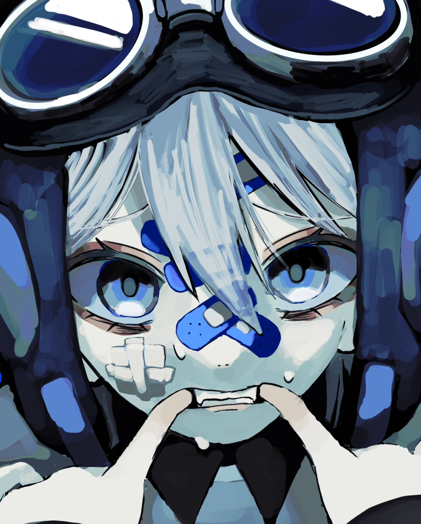 Safebooru - 1girl bandaid bandaid on face bandaid on forehead bandaid on nose blue eyes clenched ...